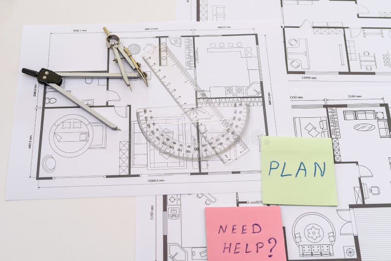 Work Tools with Memo Heen Help on House Plan Blueprint Stock Image ...