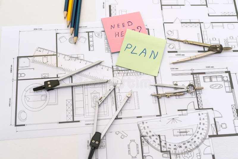 Work Tools with Memo Heen Help on House Plan Blueprint Stock Image ...