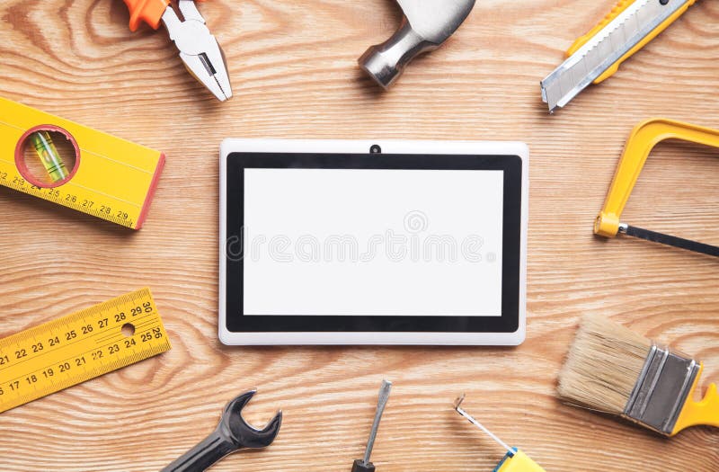 Work Tools with Tablet on Wooden Background. Empty Screen for Your Text ...