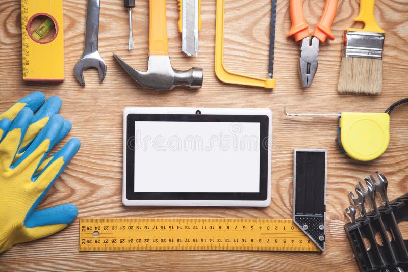 Work Tools with Tablet on Wooden Background. Empty Screen for Your Text ...