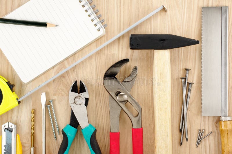 Work tools on wood lumber. stock photo. Image of hardware - 71799278