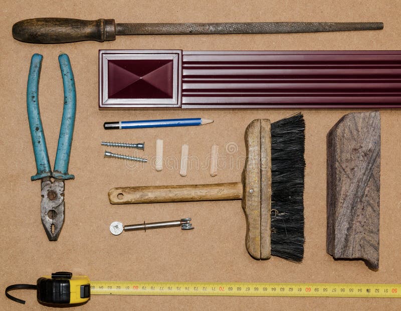 Work Tools on a Wooden Table Stock Photo - Image of concepts, knife ...