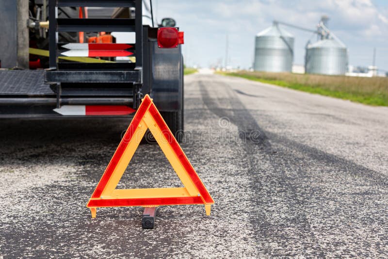 Work Trailer on Side of Road with Warning Triangle. Stock Photo - Image ...