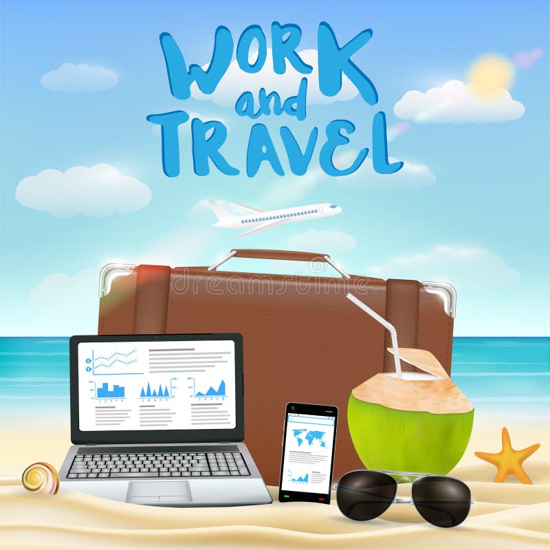 Work and Travel with Laptop Smartphone Suitcase Sun Glasses Stock ...