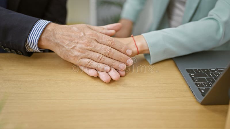 At Work, Two Business Workers Sitting Together at Office Table, Hands ...