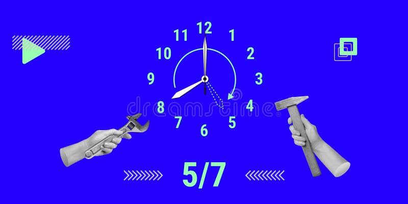 Work Week, Working 5 Days a Week, at a Certain Time. Hands with Tools ...