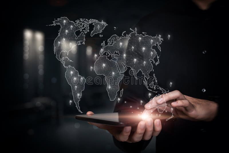 Work on World Map with Workers Using Mobile Devices Stock Image - Image ...