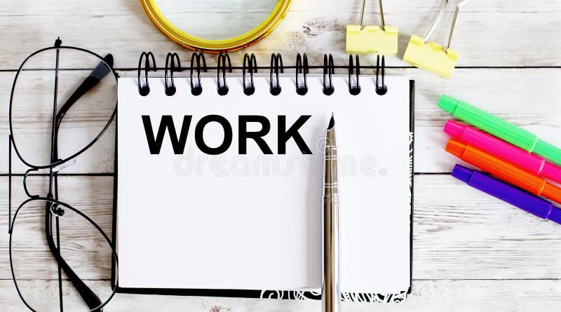 WORK Written in a Notebook on White Background with Office Tools Stock ...