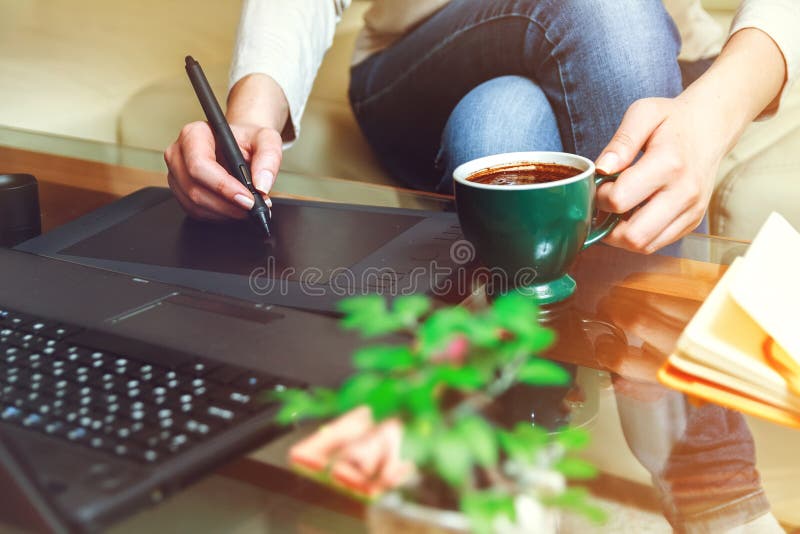 The Work of a Young Designer in the Cafe Stock Image - Image of ...
