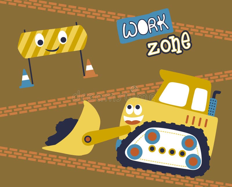 Funny Bulldozer Cartoon with Construction Signs Stock Vector ...