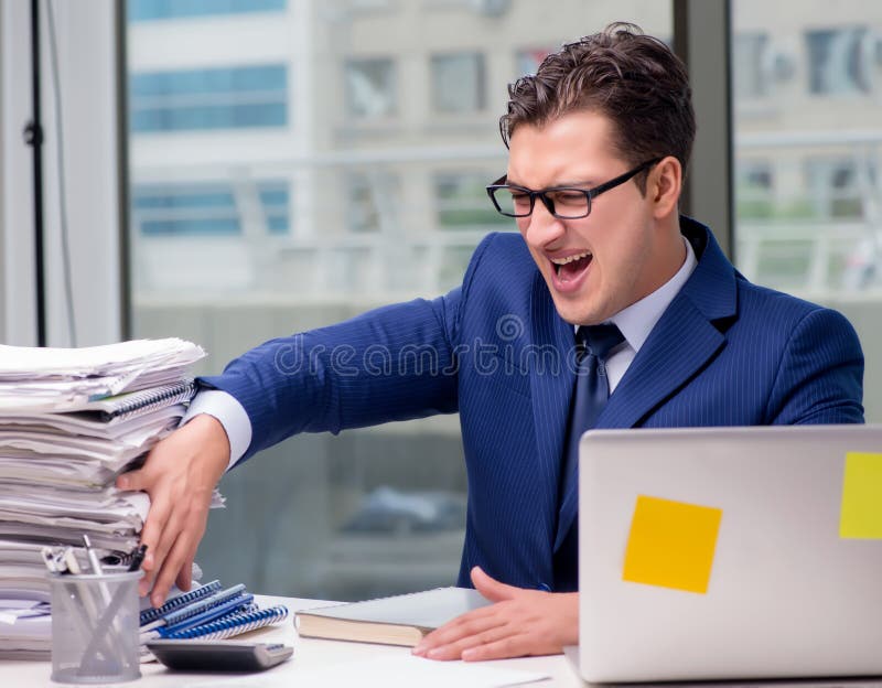 Workaholic Businessman Overworked with Too Much Work in Office Stock ...