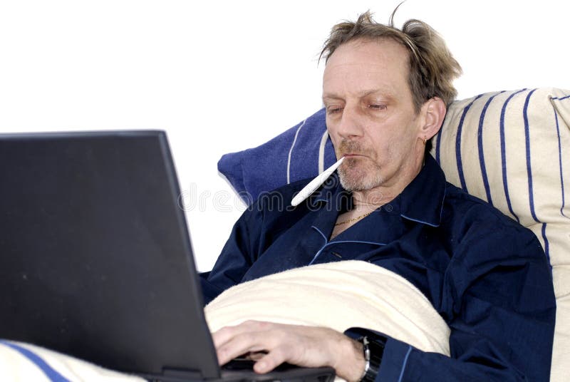 Workaholic, Enfermo En Cama Con La Computadora Portátil. Imagen de ...