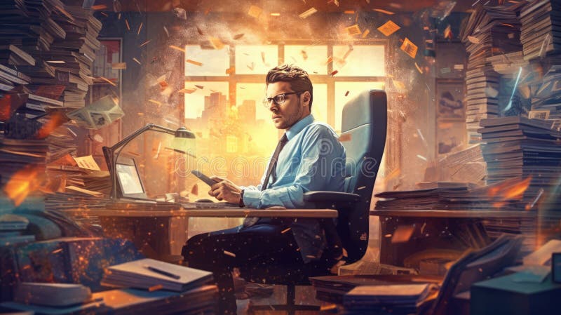 A Workaholic Man Sitting at a Desk and Working at Laptop Surrounded by ...