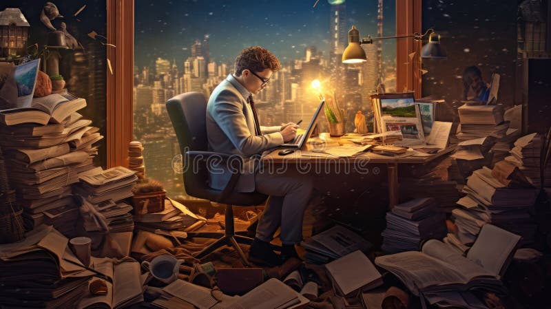 A Workaholic Man Sitting at a Desk and Working at Laptop Surrounded by ...