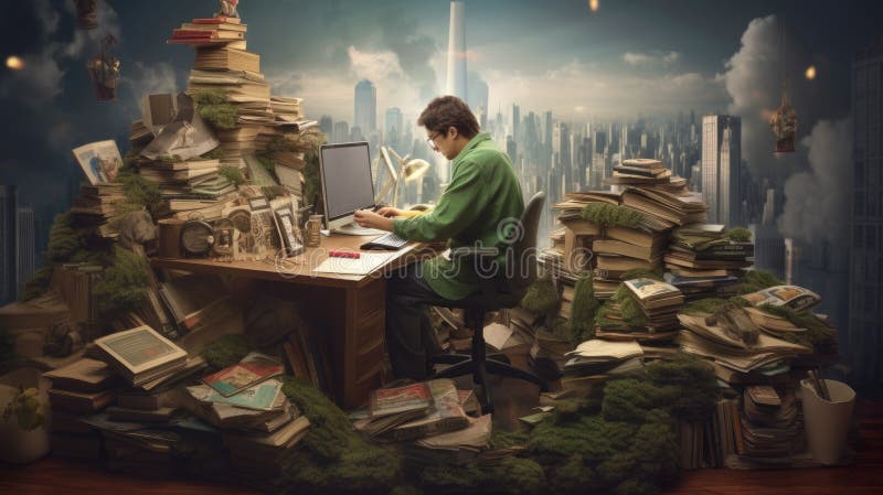 A Workaholic Man Sitting at a Desk and Working at Laptop Surrounded by ...