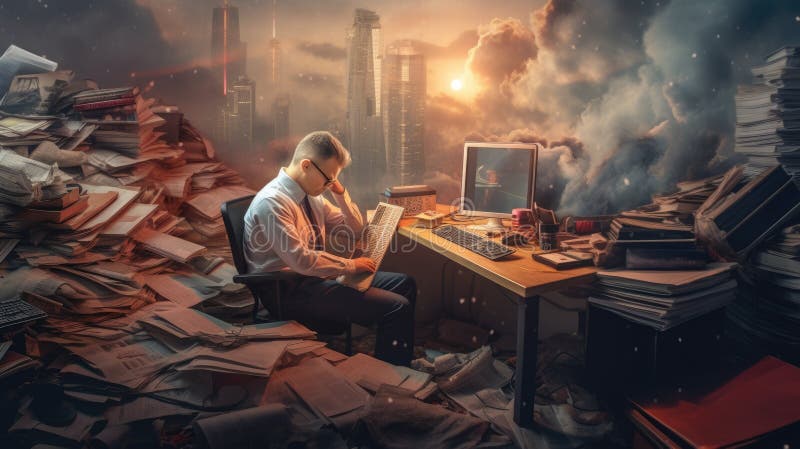 A Workaholic Man Sitting at a Desk and Working at Laptop Surrounded by ...