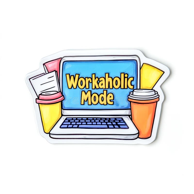 Workaholic Mode Sticker with Laptop, Coffee and Documents Stock Photo ...