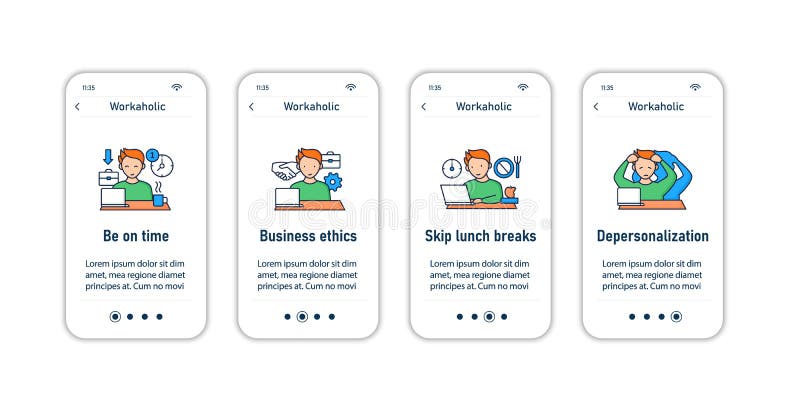 Workaholic Onboarding Mobile App Screens Stock Vector - Illustration of ...