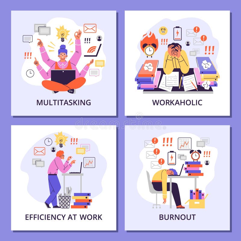 Workaholic People Posters Set, Flat Vector Illustrations. Stock Vector ...