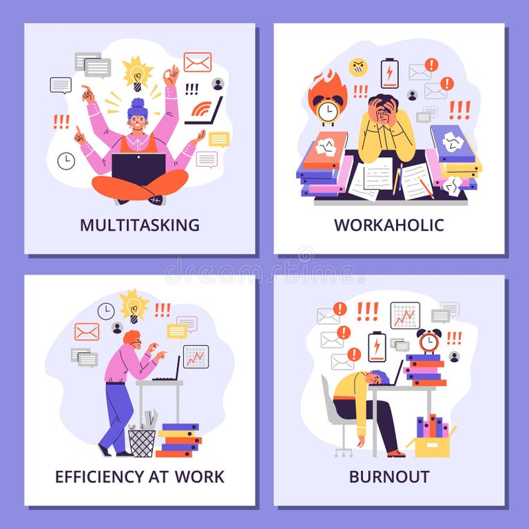 Workaholic People Posters Set, Flat Vector Illustrations. Stock Vector ...