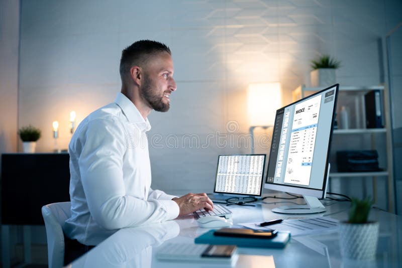 Workaholic Working on Desktop Computer Stock Image - Image of work ...
