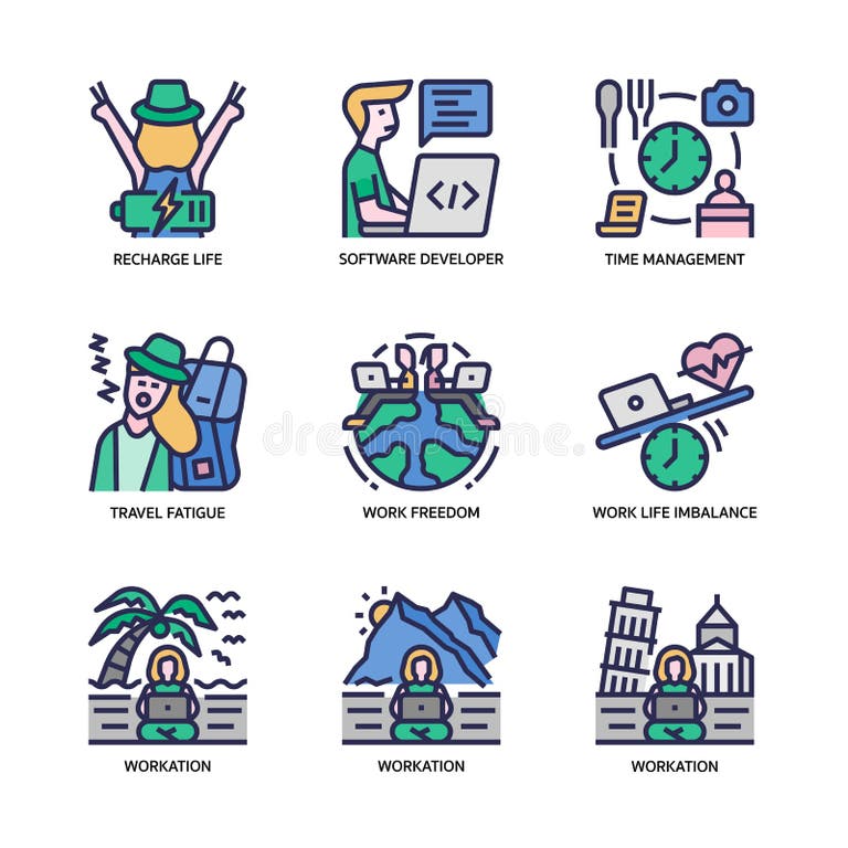 Workation Icons Set stock vector. Illustration of recharge - 230643561