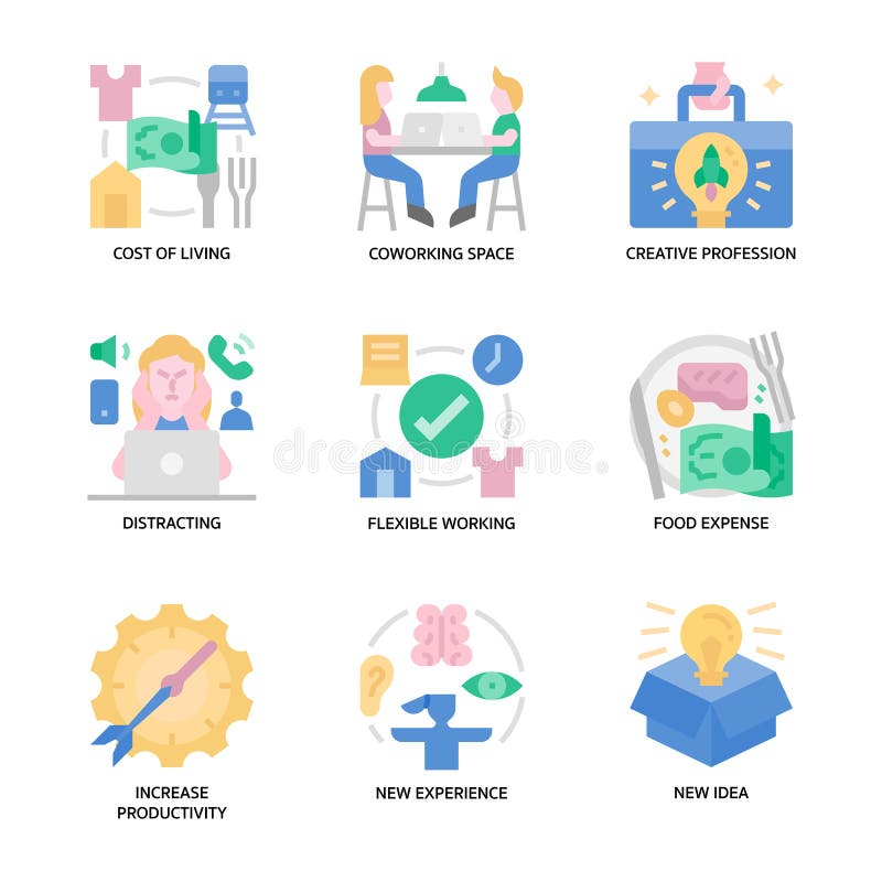 Workation Icons Set stock vector. Illustration of flat - 230643568