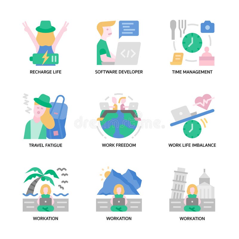 Workation Icons Set stock vector. Illustration of tourist - 230643572