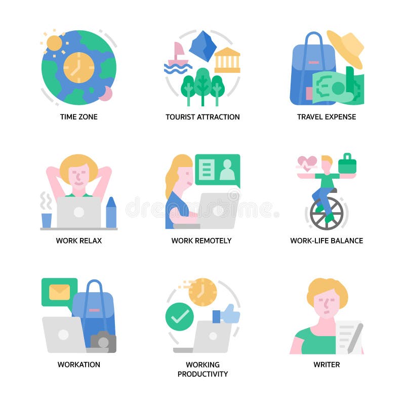Workation Icons Set stock vector. Illustration of relax - 230643575