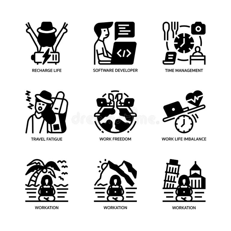 Workation Icons Set stock vector. Illustration of tourism - 230643585