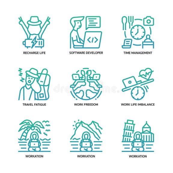 Workation Icons Set stock vector. Illustration of nomad - 230643618
