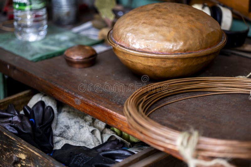 Workbench for Copper Objects Like Pans Stock Image - Image of copper ...