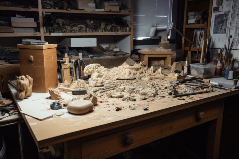 A Workbench Covered in Tools and Carving Materials, with a Sculpture in ...