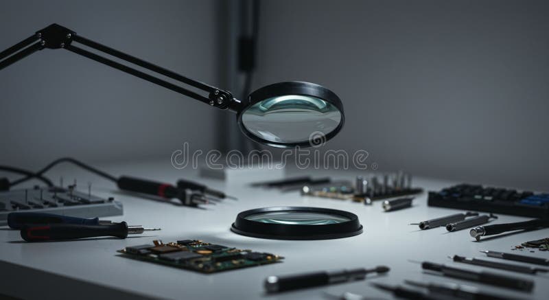 A Workbench Displays Various Electronic Repair Tools and Components. a ...