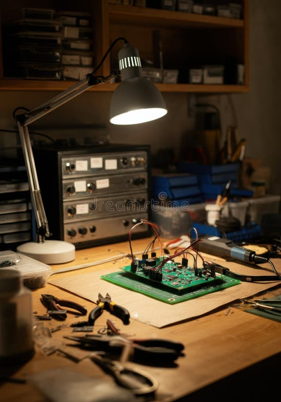 Workbench with Electronic Circuit Board and Tools Under a Lamp Stock Image - Image of tools ...