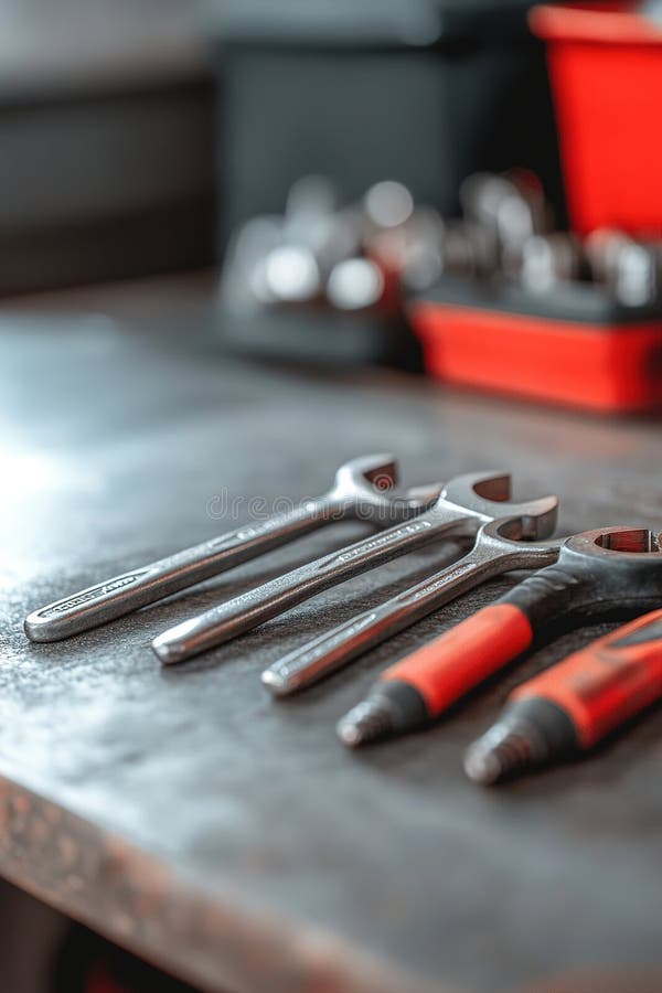 Workbench Features Neatly Arranged Tools Including Wrenches and ...