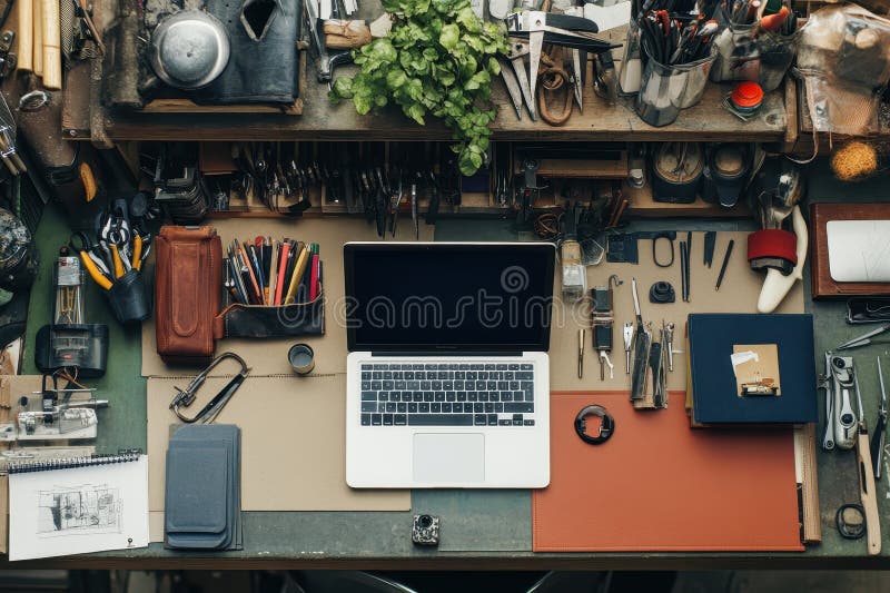 A Workbench Filled with Tools and a Laptop Computer Stock Illustration ...
