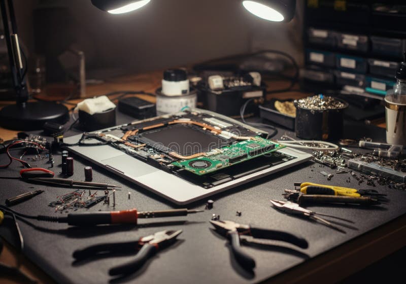Workbench with Tools and a Disassembled Electronic Device for Repair ...