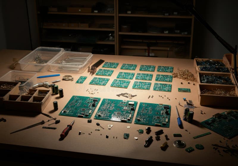 Workbench with Various Electronic Circuit Boards and Components ...
