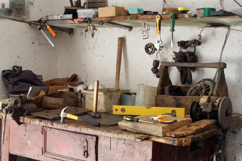 A Workbench in the Workshop with Different Parts and Tools. Stock Image ...