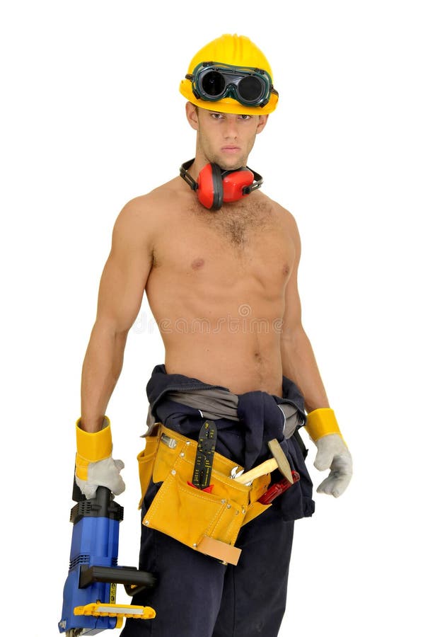 Full Body Shot of Athletic Young Construction Worker with Open Suit ...