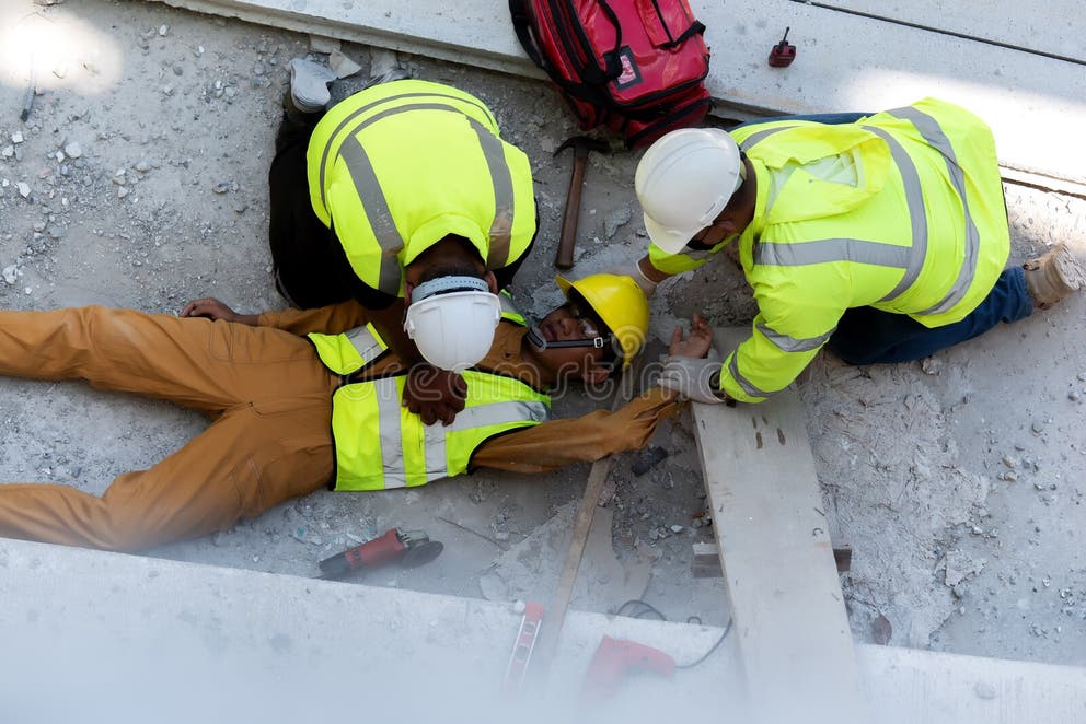 Worker Accident at Work in Construction Job Near Construct Building. First Aid, Start ...