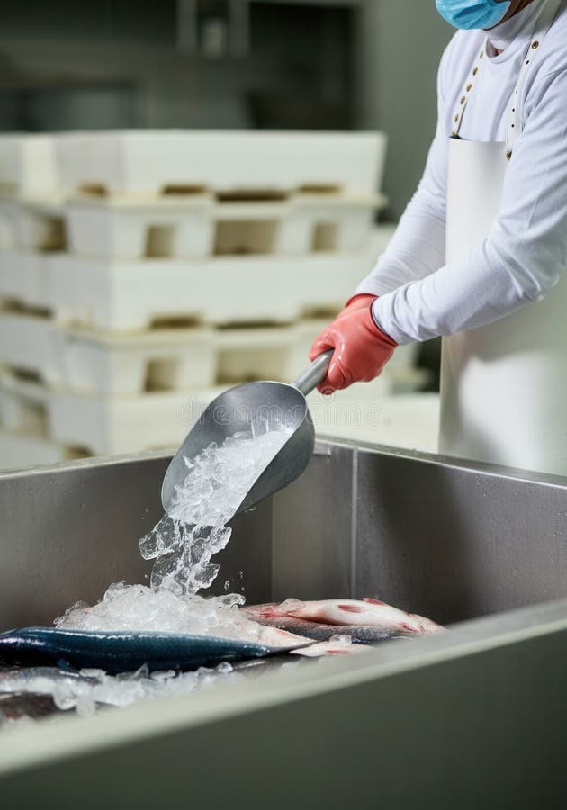 Worker Adding Ice To Fish in Industrial Seafood Processing Facility ...