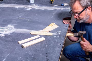 Worker Adds Shims Leveling New Pool Table Slate Stock Image - Image of ...
