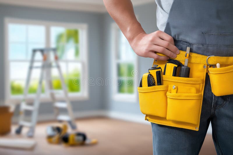 Worker Adjusts Tools in Yellow Utility Belt within Modern Room ...