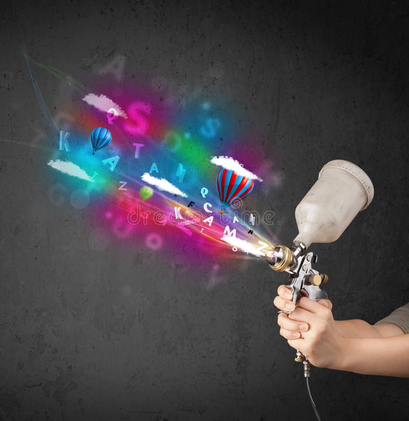 Worker with Airbrush and Colorful Abstract Clouds and Balloons Stock ...
