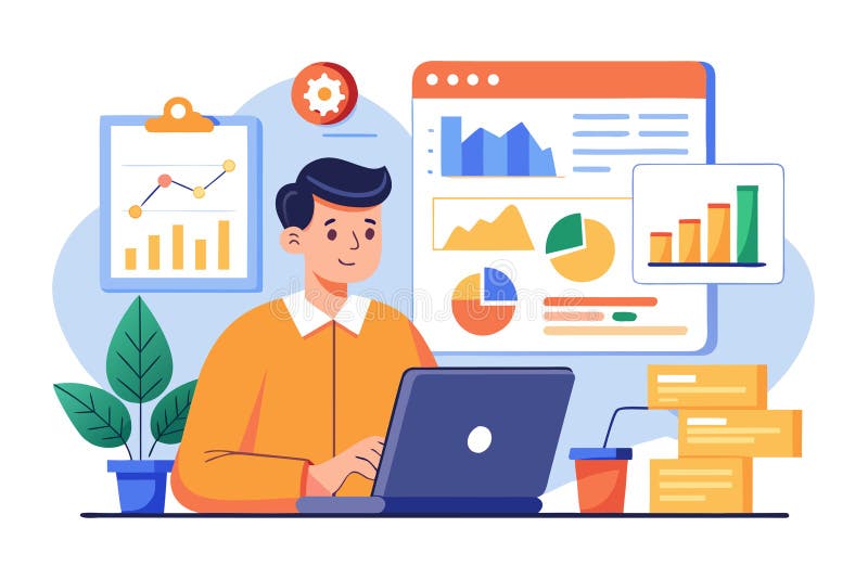 Worker Analyzing Digital Data Trends while Seated at a Desk with Graphs ...