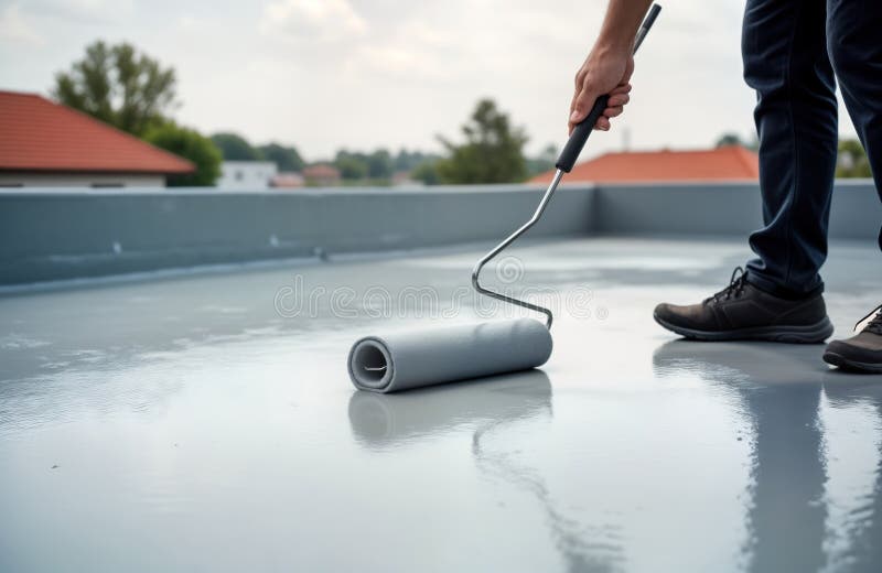 Worker Applies Waterproofing Coating on Rooftop Deck Using Paint Roller. Gray Floor Waterproofed ...