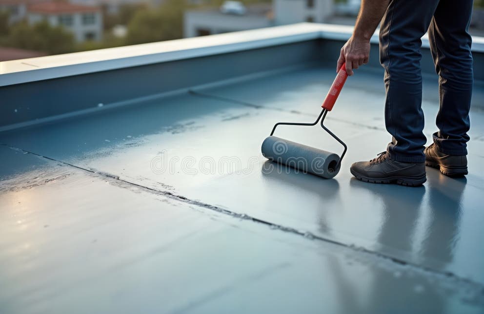 Worker Applies Waterproofing Coating on Rooftop Using Paint Roller ...