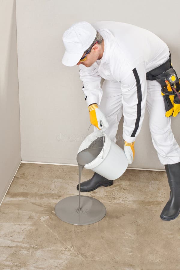 Worker Apply Self Leveling Floor Stock Image - Image of bucket, self ...